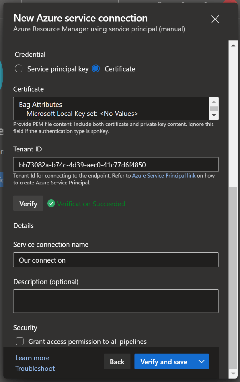 Azure DevOps ARM Service Connection using certificate – Good Workaround!